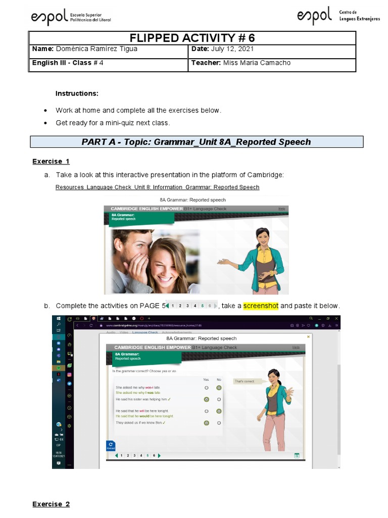 Flipped Activity # 6: PART A - Topic: Grammar - Unit 8A - Reported Speech | PDF | Human ...