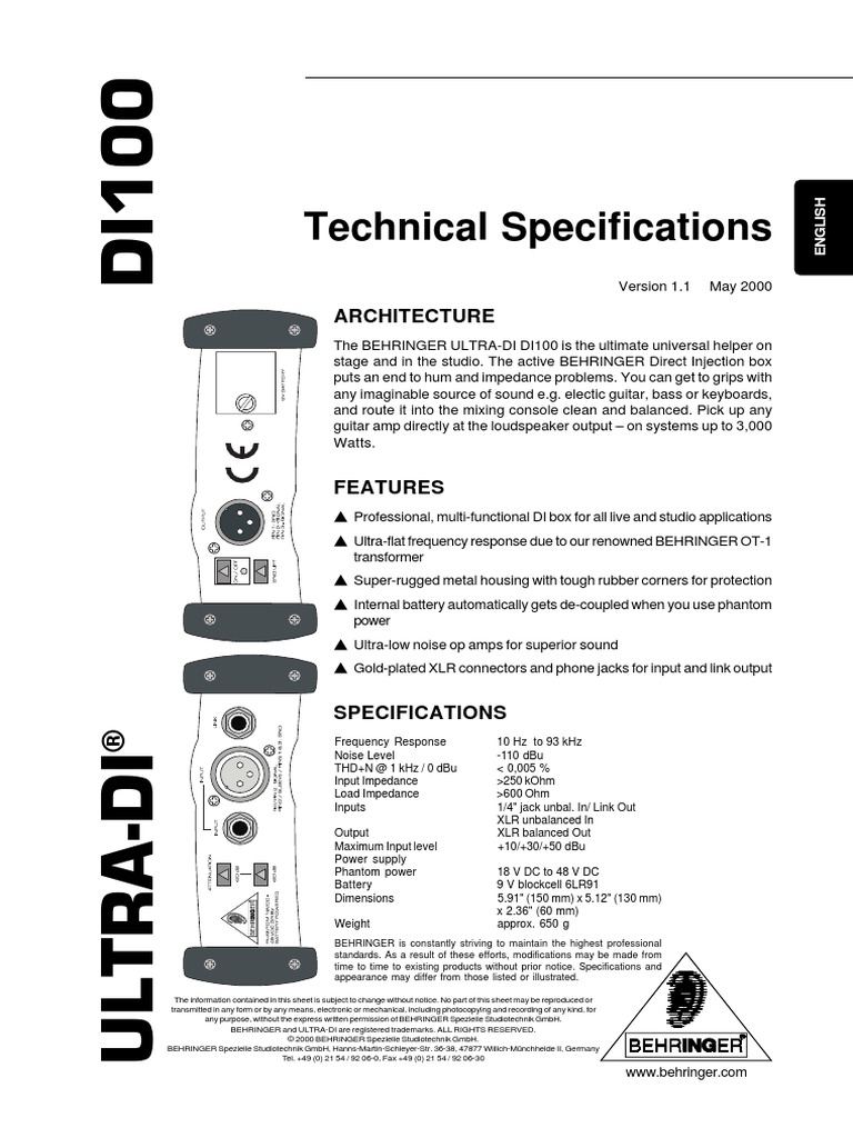 Behringer Ultra-DI DI100 Specs | PDF | Sound Production | Sound ...