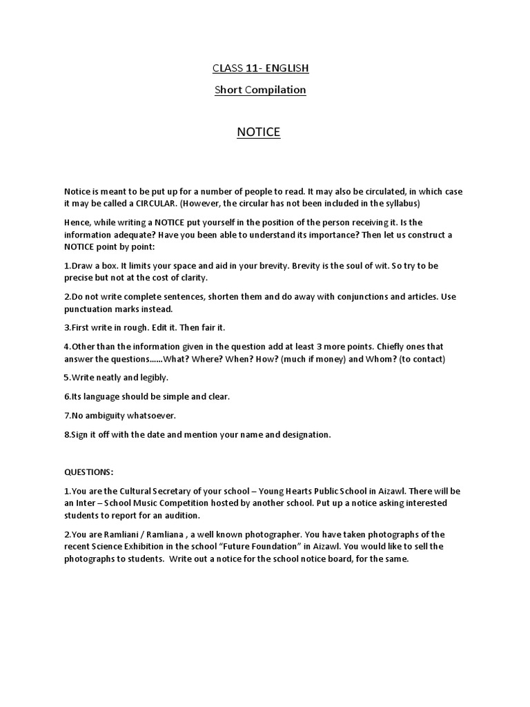 Notice: Class 11-English Short Compilation | PDF