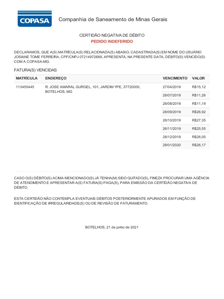Copasa Certidao Negativa 228123992 | PDF