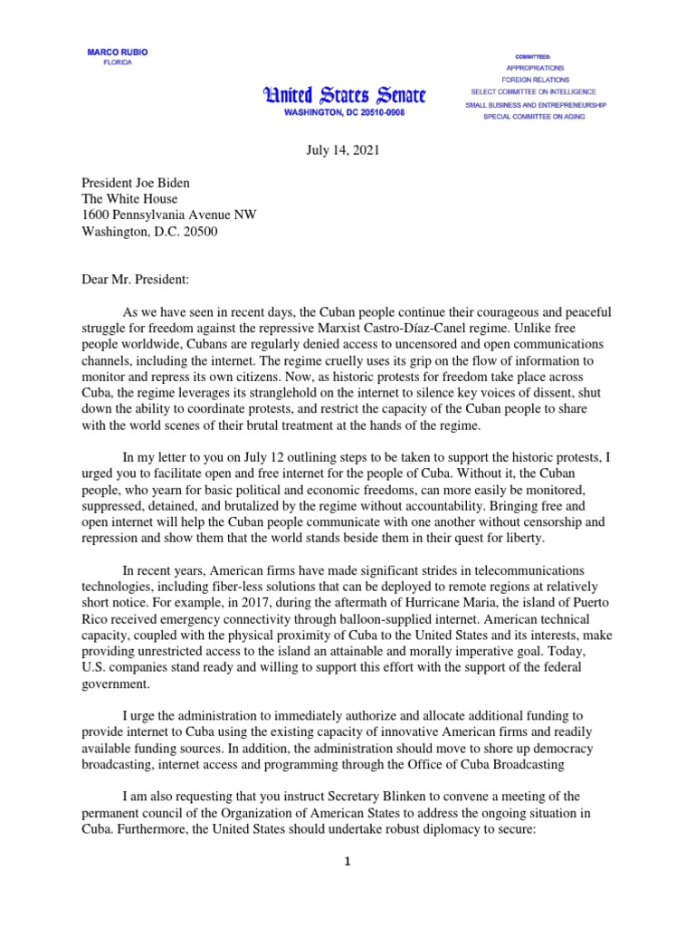 Rubio Letter To Biden On Cuba | PDF | Cuba | Censorship