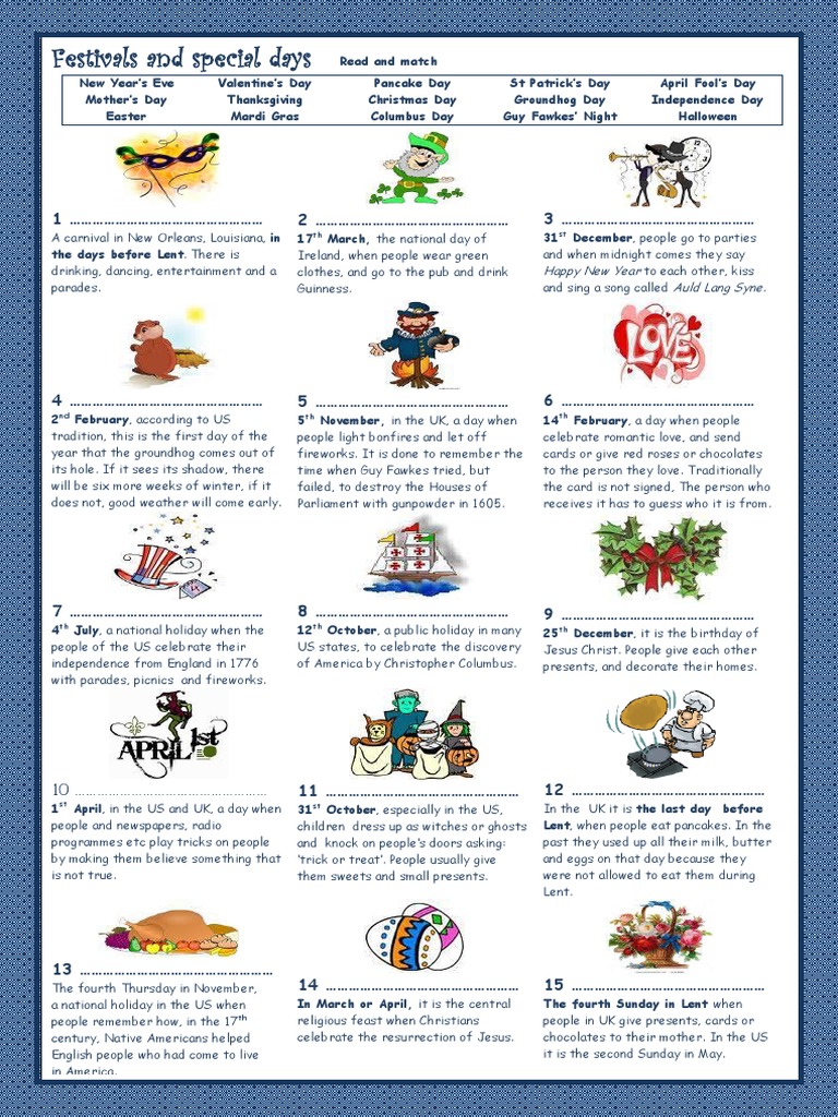 Festivals and Special Days Worksheet | PDF | Entertainment Events ...