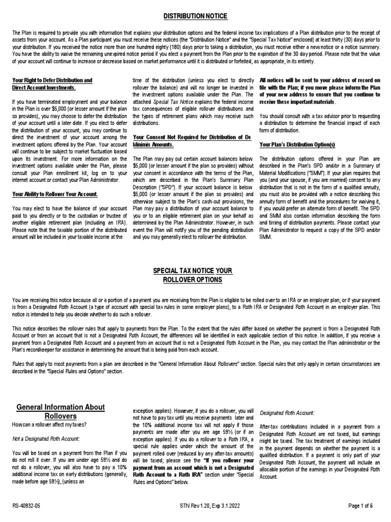 Special Tax Notice | PDF | Individual Retirement Account | Income Tax ...