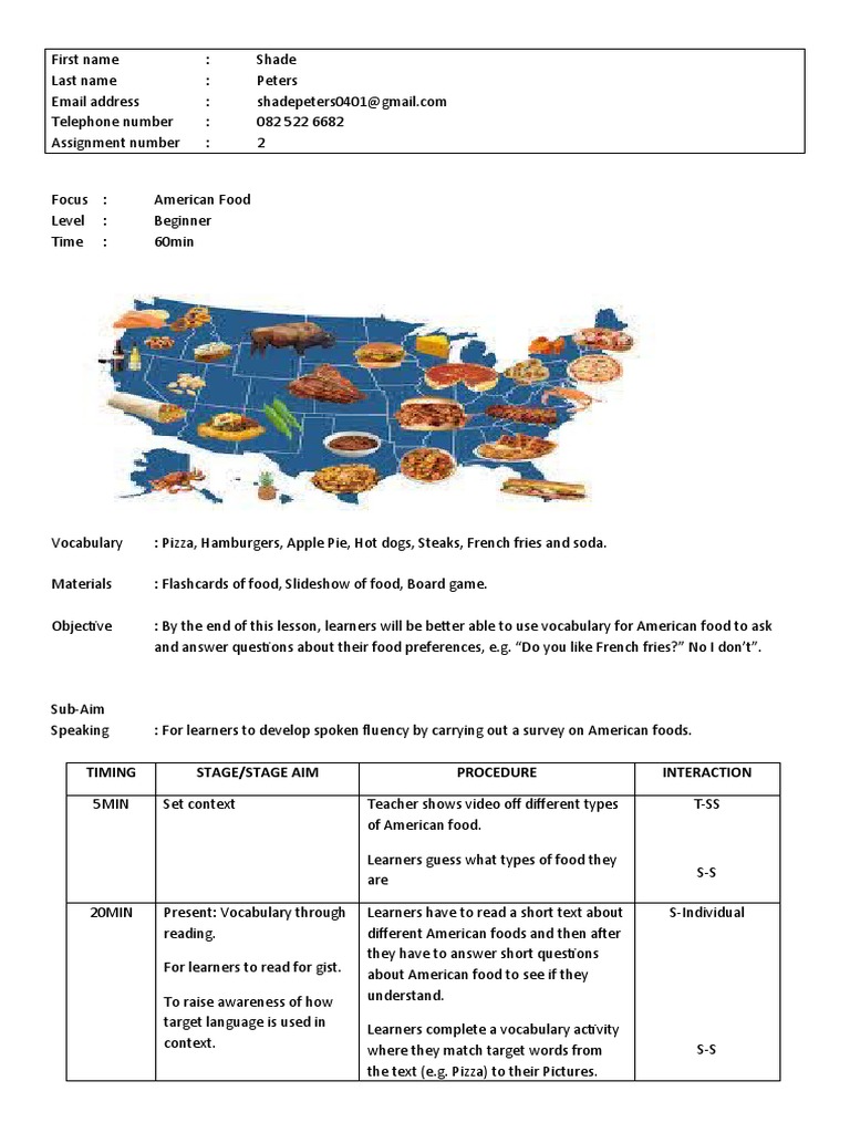 American Food Vocabulary Lesson Plan | PDF | Vocabulary | Second Language