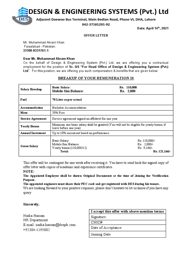 Offer for Sr. QS Position | PDF | Employee Relations | Salary