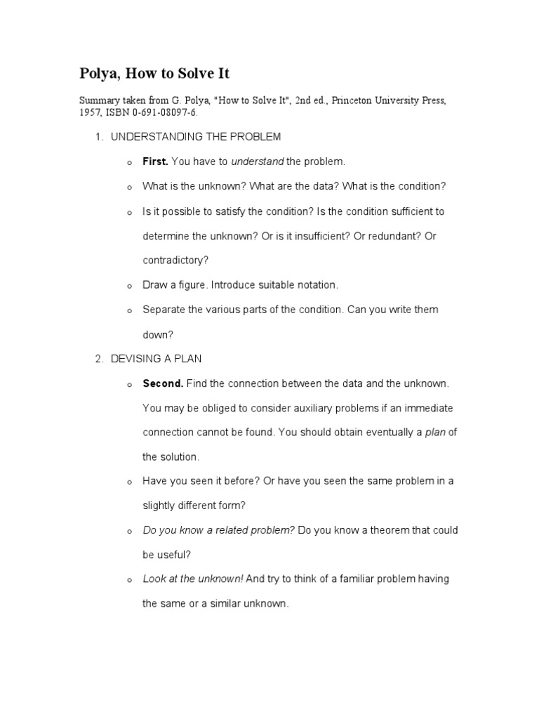 Polya, How To Solve It: First. You Have To Understand The Problem | PDF ...