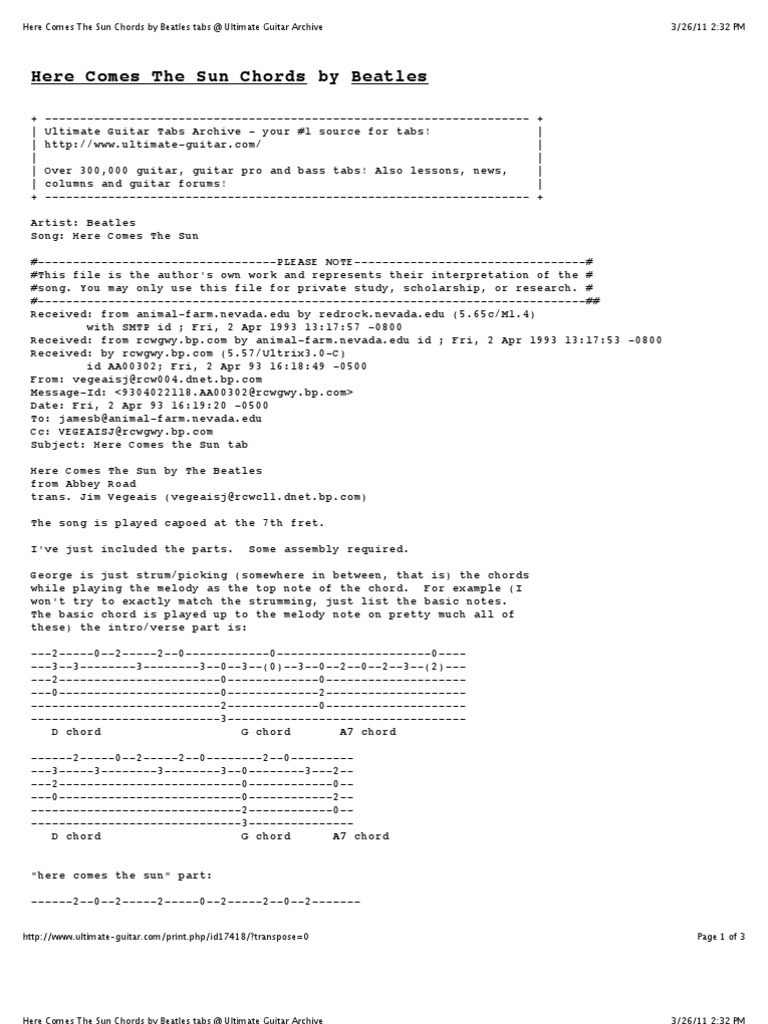 Guitar Chords For Here Comes The Sun