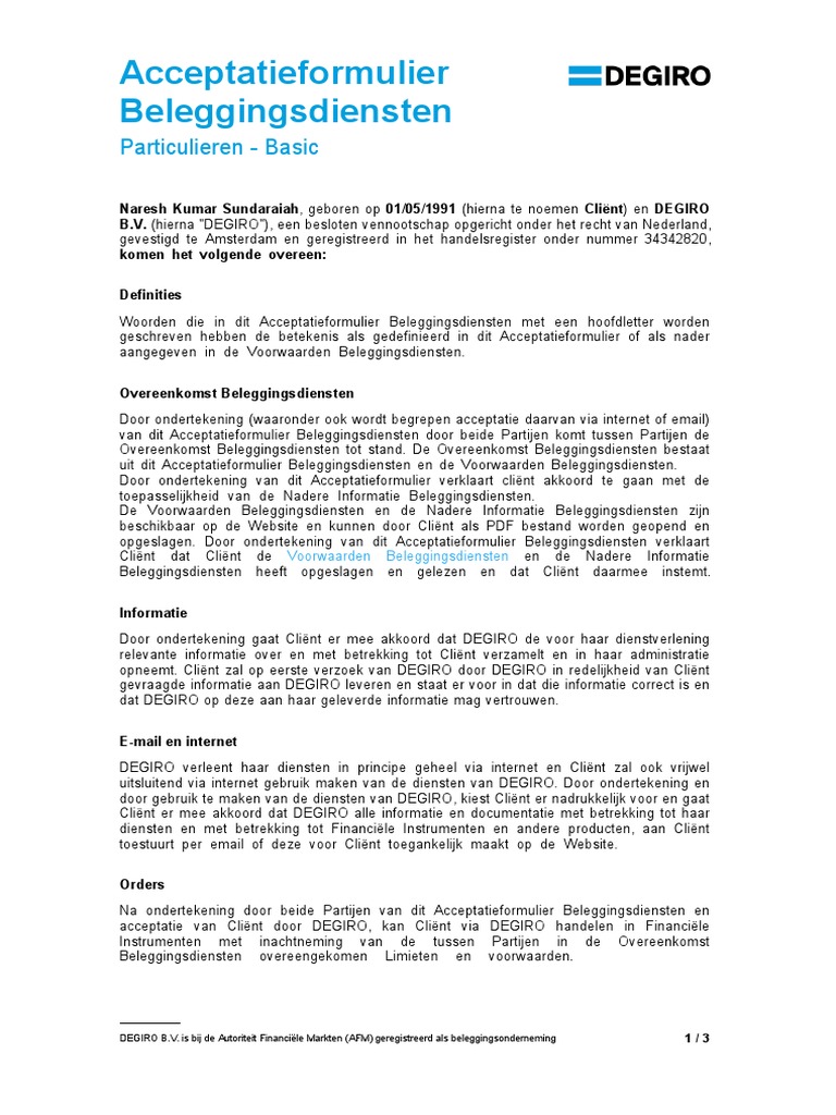 Acceptatieformulier Beleggingsdiensten | PDF