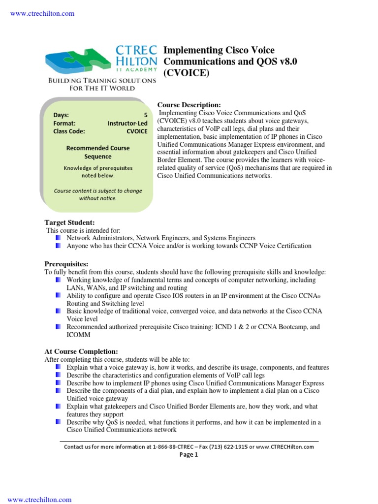 CVOICE - Implementing Voice Communications and QOS v8.0 | PDF | Voice Over Ip | Session ...