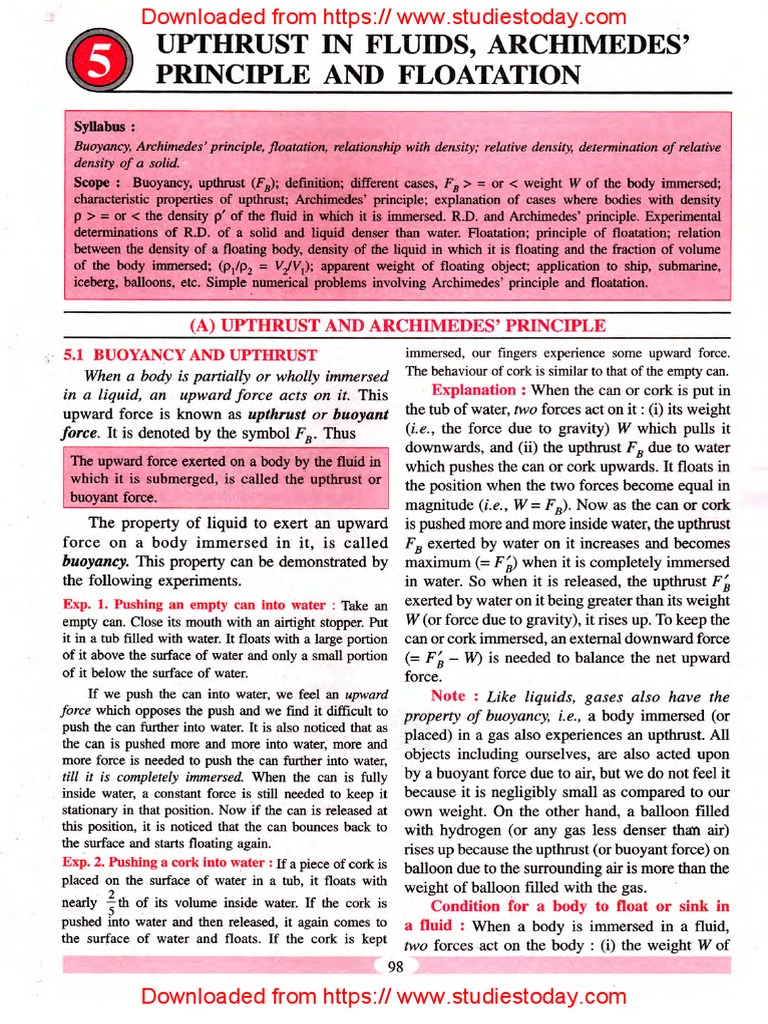 ICSE Class 9 Physics Chapter 05 Upthrust in Fluids Archimedes Principle and Floatation | PDF ...