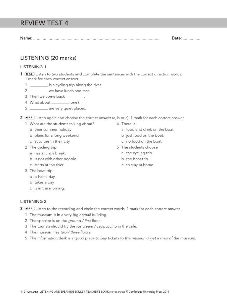 Unlock 1 Review Test Unit 4 | PDF