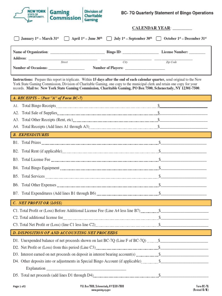Quartlerly Statement of Bingo Operations (BC-7Q) | PDF | Business