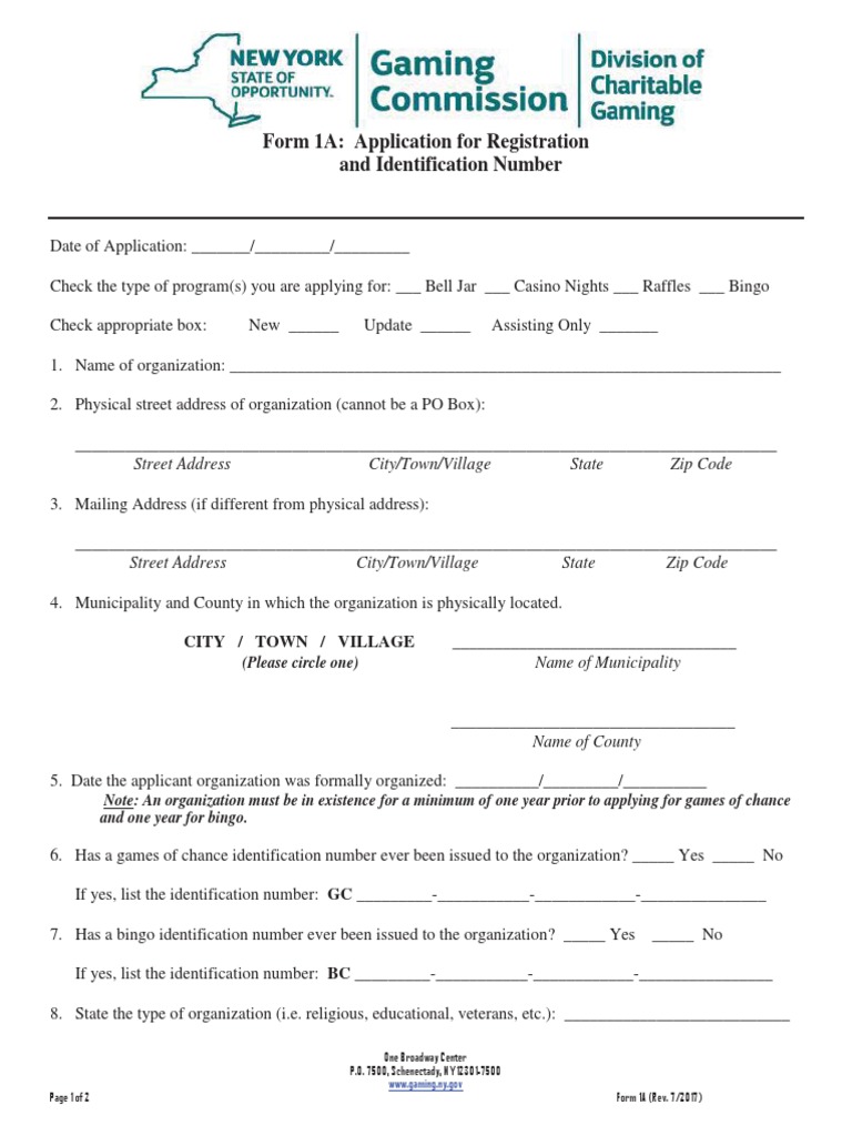 Application For Registration and Identification Number For Bingo, Bell ...
