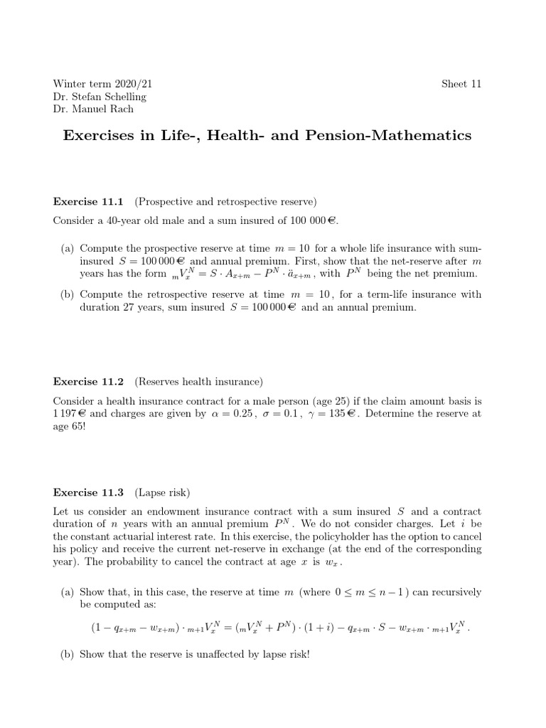 Exercises in Life-, Health-And Pension-Mathematics: M N X X+M N X+M N ...