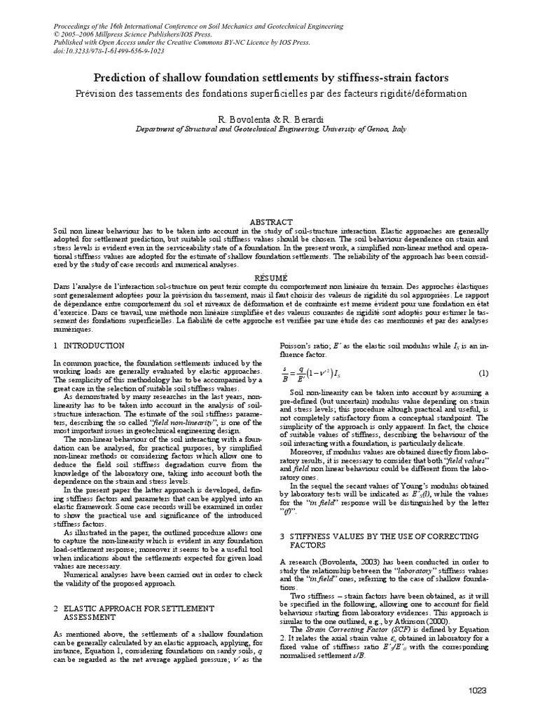 Berardi, 2006, Prediction of Shallow Foundation Settlements by Stiffness Strain Factors ...