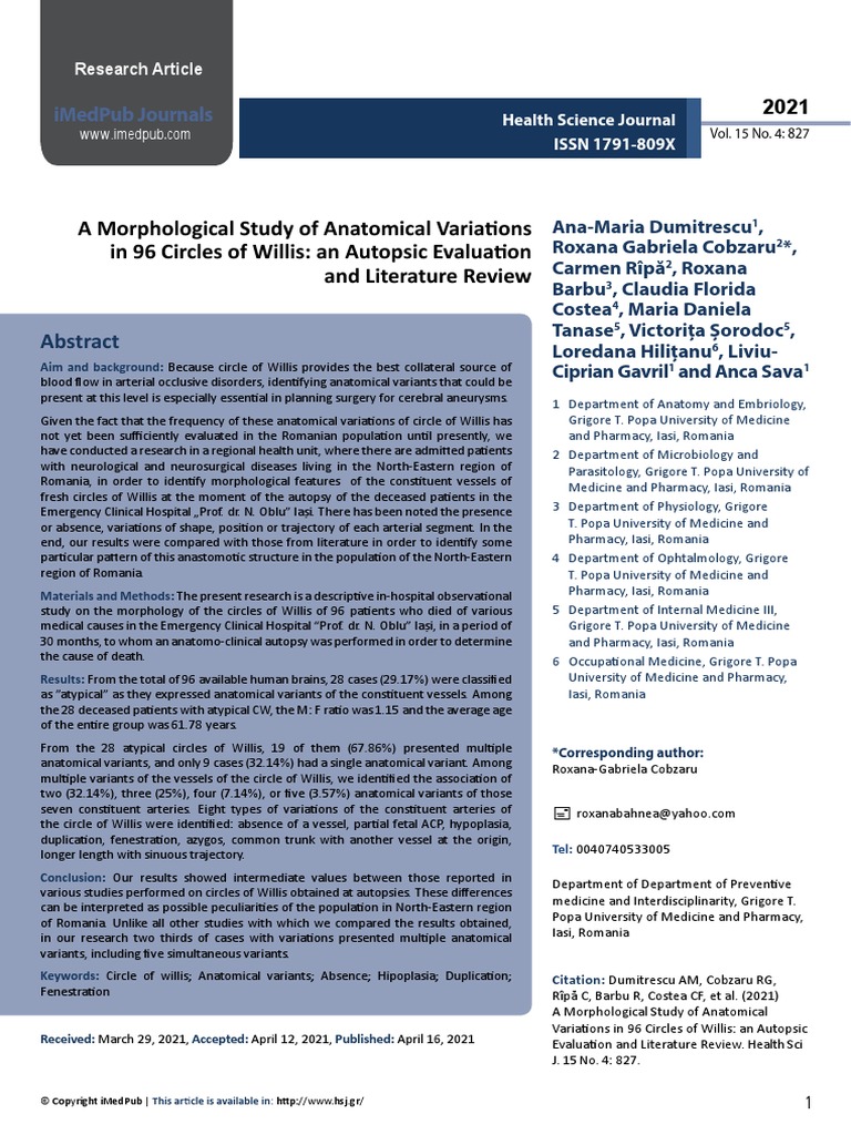 A Morphological Study of Anatomical Variations in 96 Circles of Willis ...