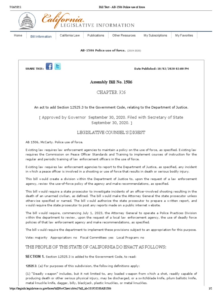 Assembly Bill No. 1506: Legislative Counsel'S Digest | PDF | Deadly ...