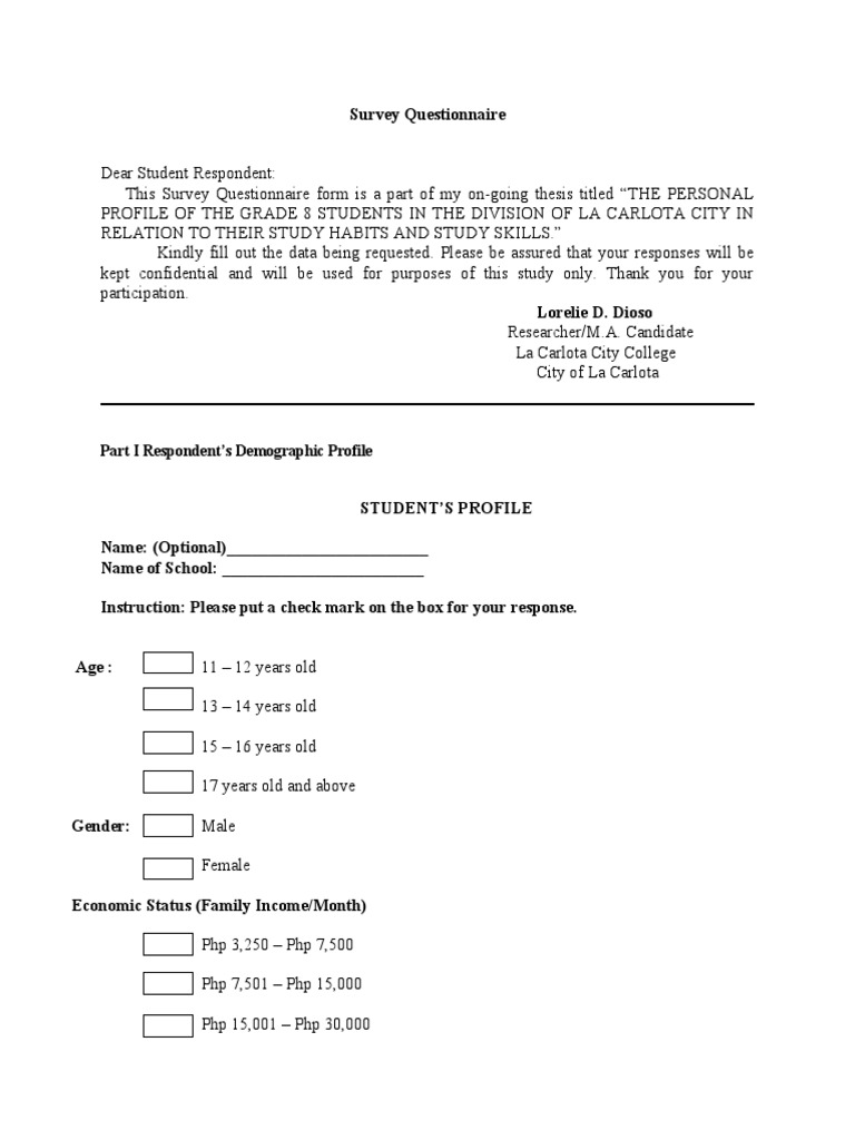 Survey Questionnaire | PDF | Test (Assessment) | Survey Methodology