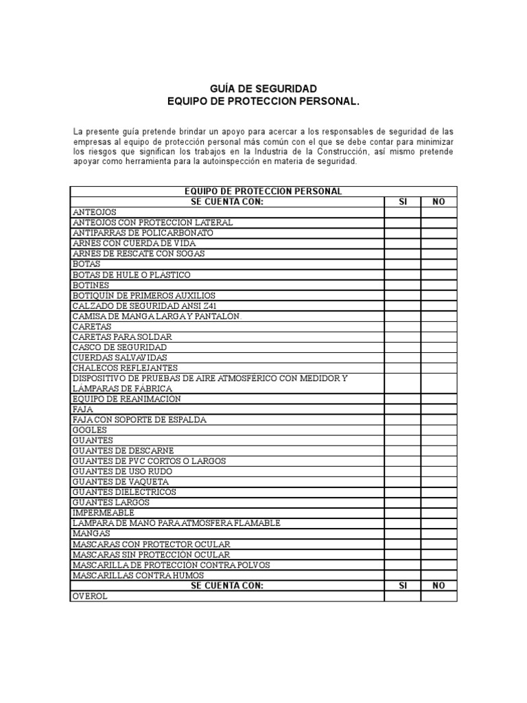 CHECKLIST EQUIPO DE PROTECCION PERSONAL.