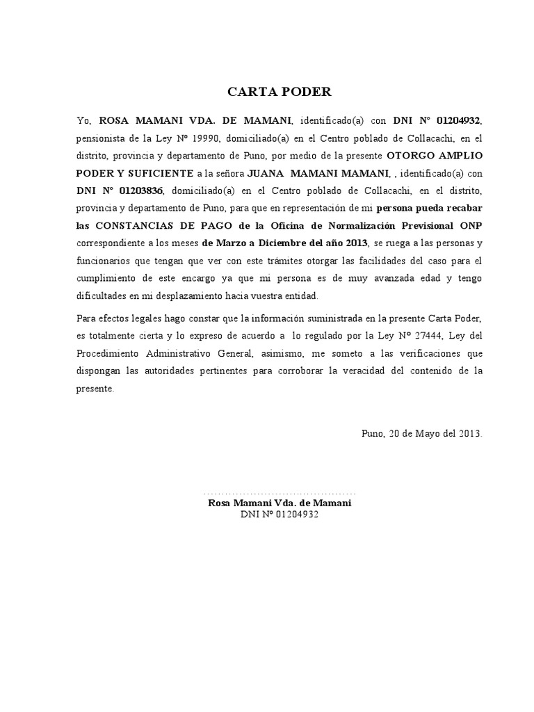 CARTA PODER Rosa Maria Mamani Mamani | PDF