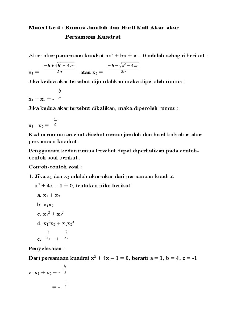 Materi 4 Kelas XI Rumus Jumlah Dan Hasil Kali Akar-Akar PK | PDF ...