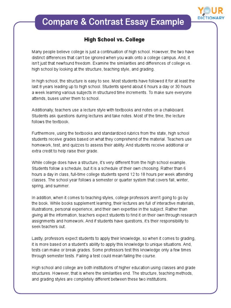 Compare & Contrast Essay Example: High School vs. College | PDF ...