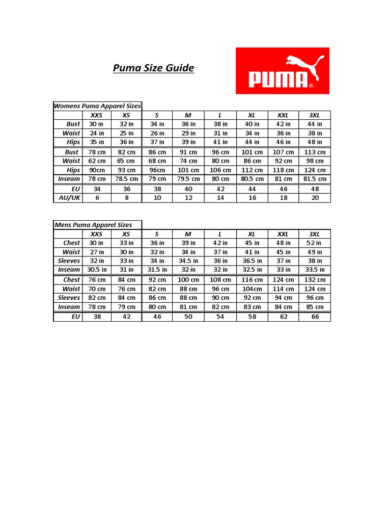 Puma Size Guide: XXS XS S M L XL XXL 3XL Bust Waist Hips Bust Waist ...
