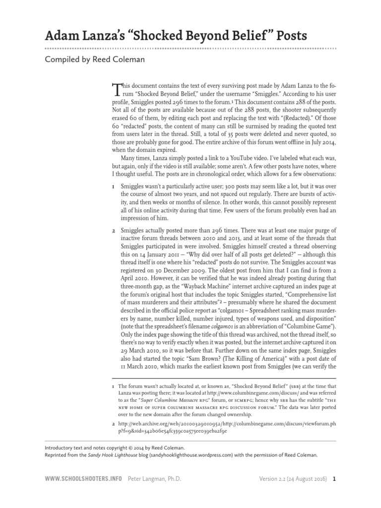 Adam Lanza's "Shocked Beyond Belief" Posts: Compiled by Reed Coleman ...