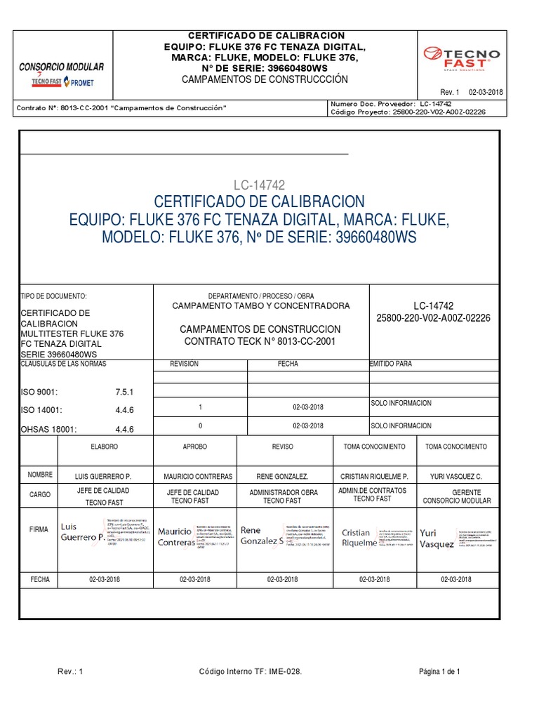 Certificado de calibración para un multímetro Fluke 376 FC con número ...