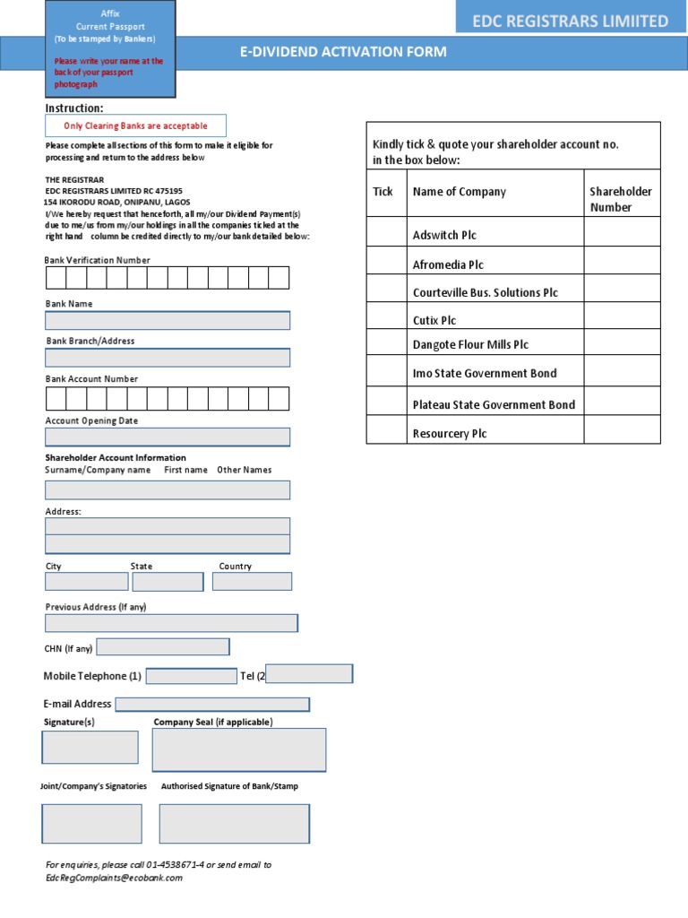 E Dividend Mandate Activation Form of EDC Registrars | PDF