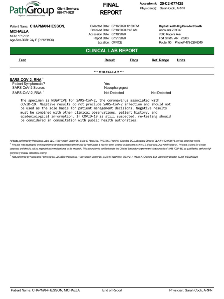 Clinical Lab Report: Test Result Flags Ref. Range Units | PDF | Medical ...
