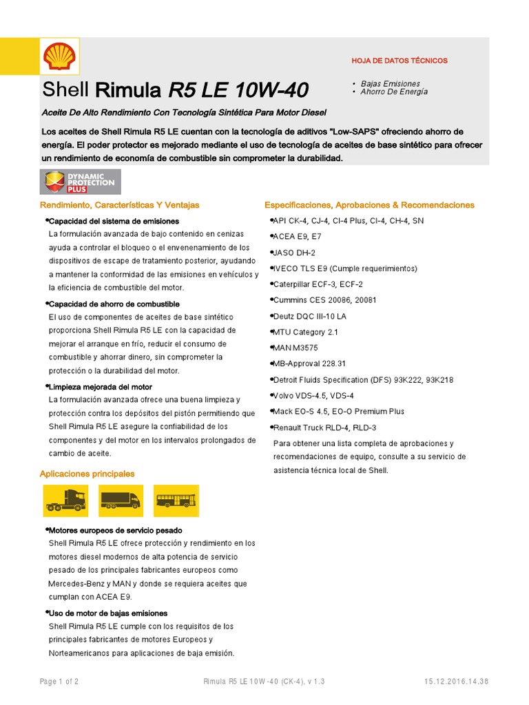 Rimula R5 LE 10W-40 New API CK-4 Dynamic Protection Plus | PDF ...