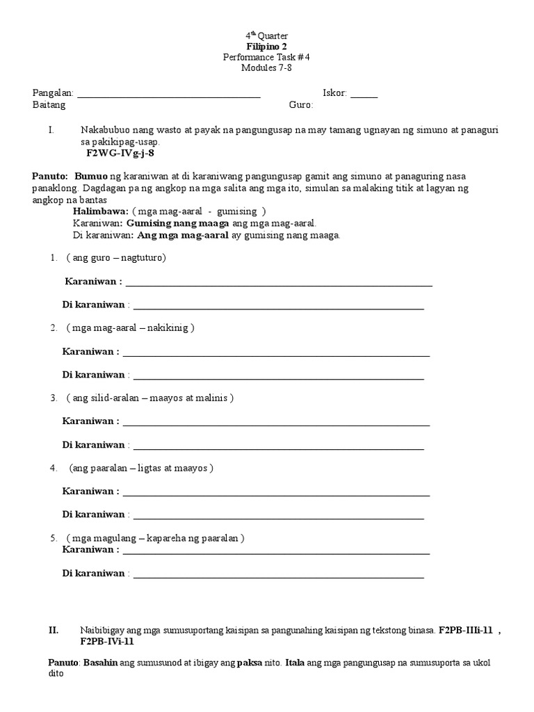 Q4 Performance Task 4 in Filipino | PDF