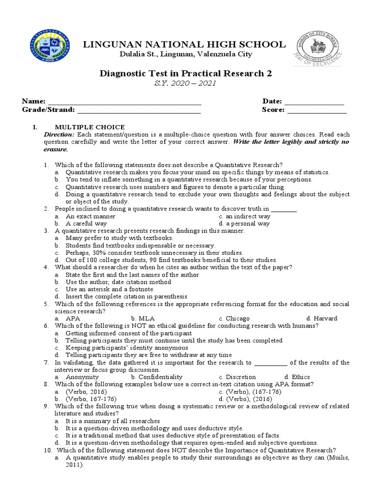 Diagnostic Test in PR2 | Download Free PDF | Research Design | Experiment
