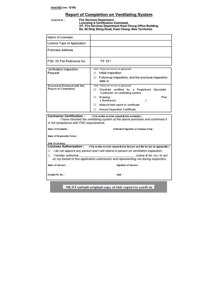 Report of Completion On Ventilating System: Contractor Certification | PDF