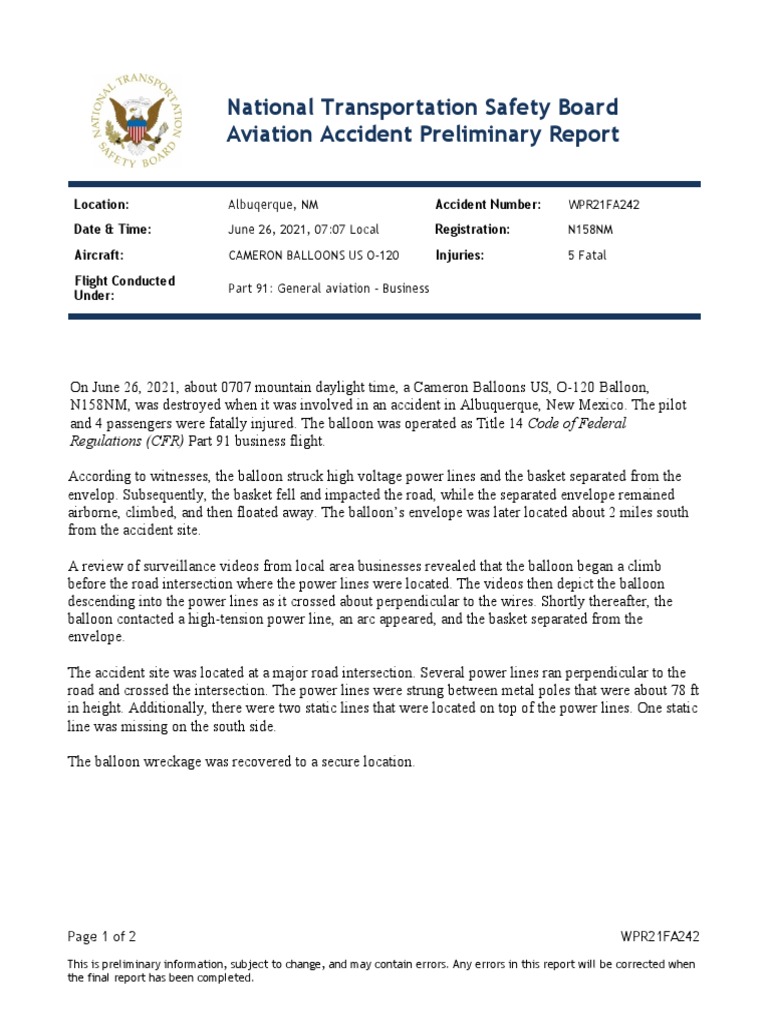 NTSB Report | PDF | National Transportation Safety Board | Balloon ...