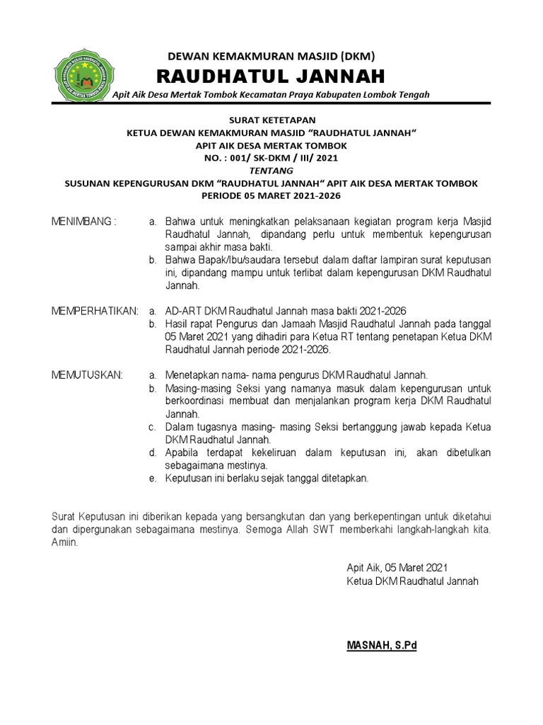 Susunan Pengurus Masjid Raudhatul Jannah | PDF