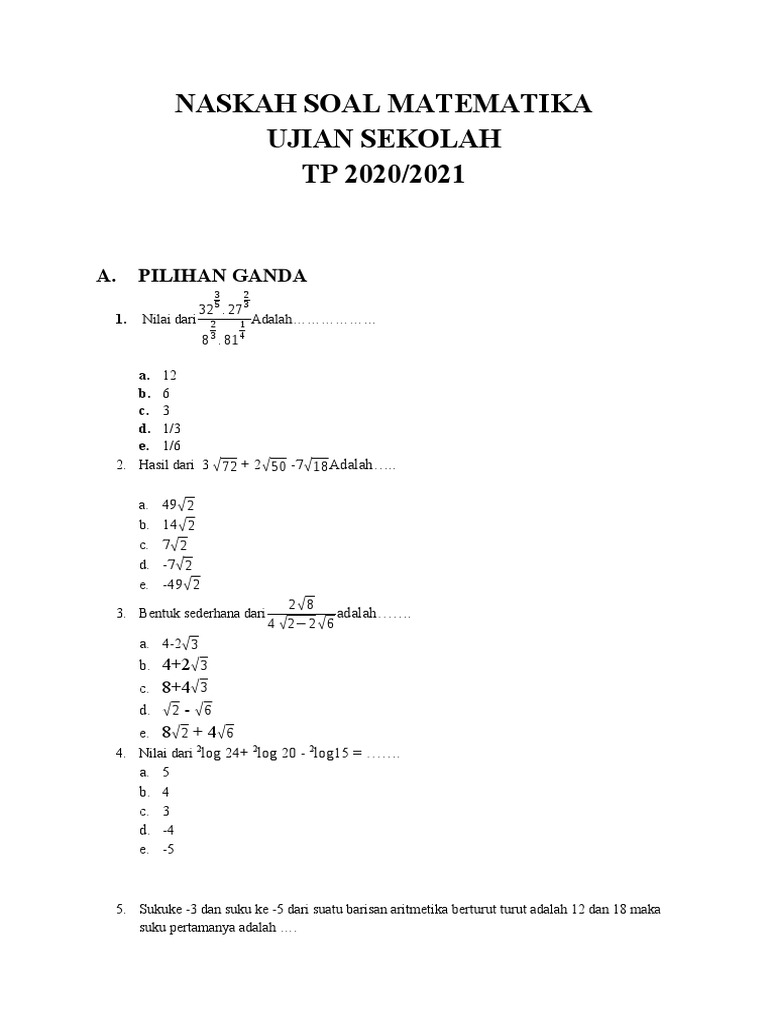 Naskah Soal Matematika 2021 - 2022 | PDF