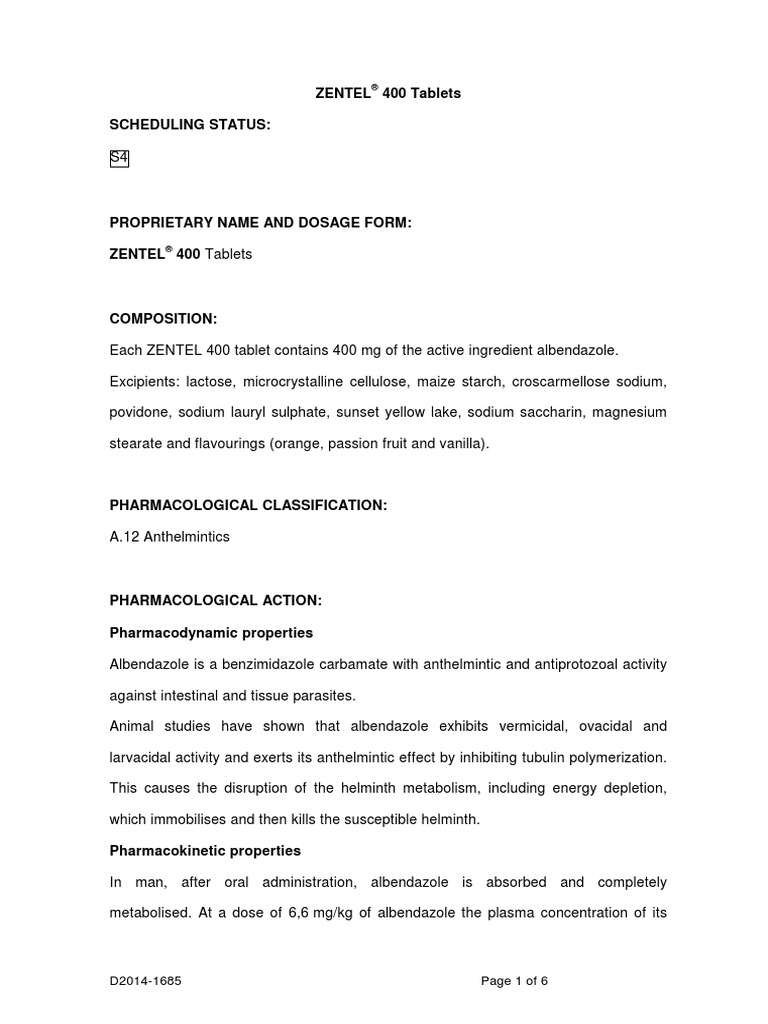 Zentel 400 MG Tablets GDS23 | PDF | Dose (Biochemistry) | Chemistry