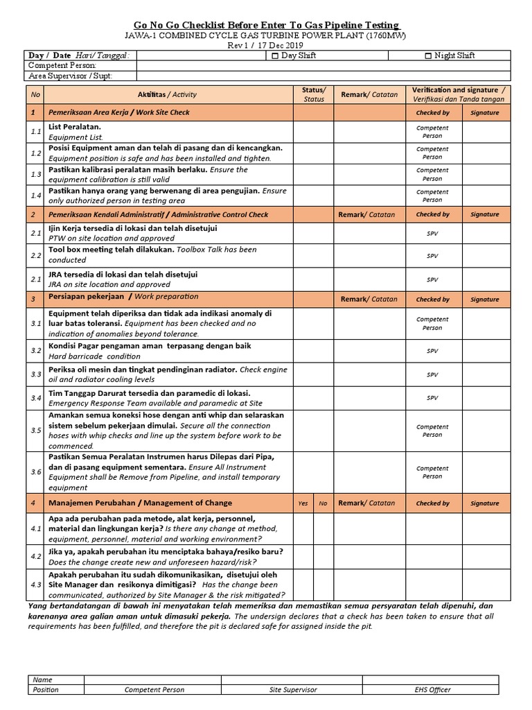 Go No Go Checklist Before Enter To Gas Pipeline Testing | PDF | Safety ...