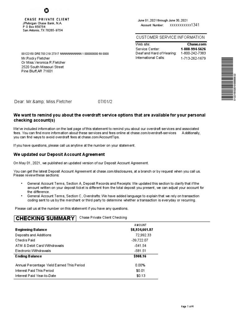 CHASE PRIVATE CLIENT CHECKING Statement For Account Ending in 5229 Da | PDF | Overdraft ...
