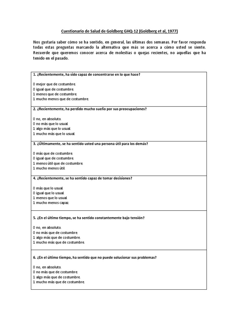 Test - Cuestionario de Goldberg-GHQ | PDF