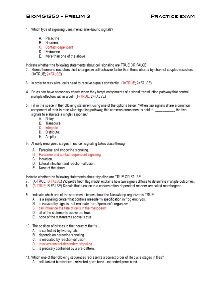 Practice Prelim 3-Key | PDF | Cell Signaling | Fertilisation