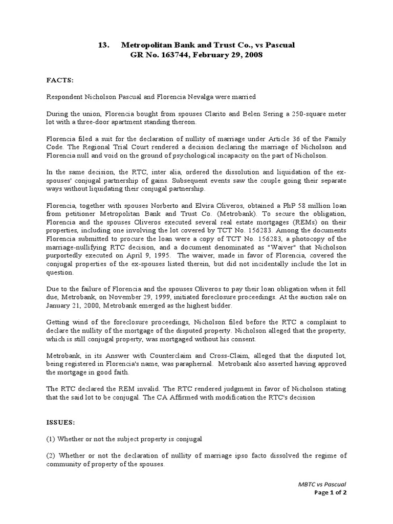 MBTC Vs Pascual | PDF | Marriage | Mortgage Law