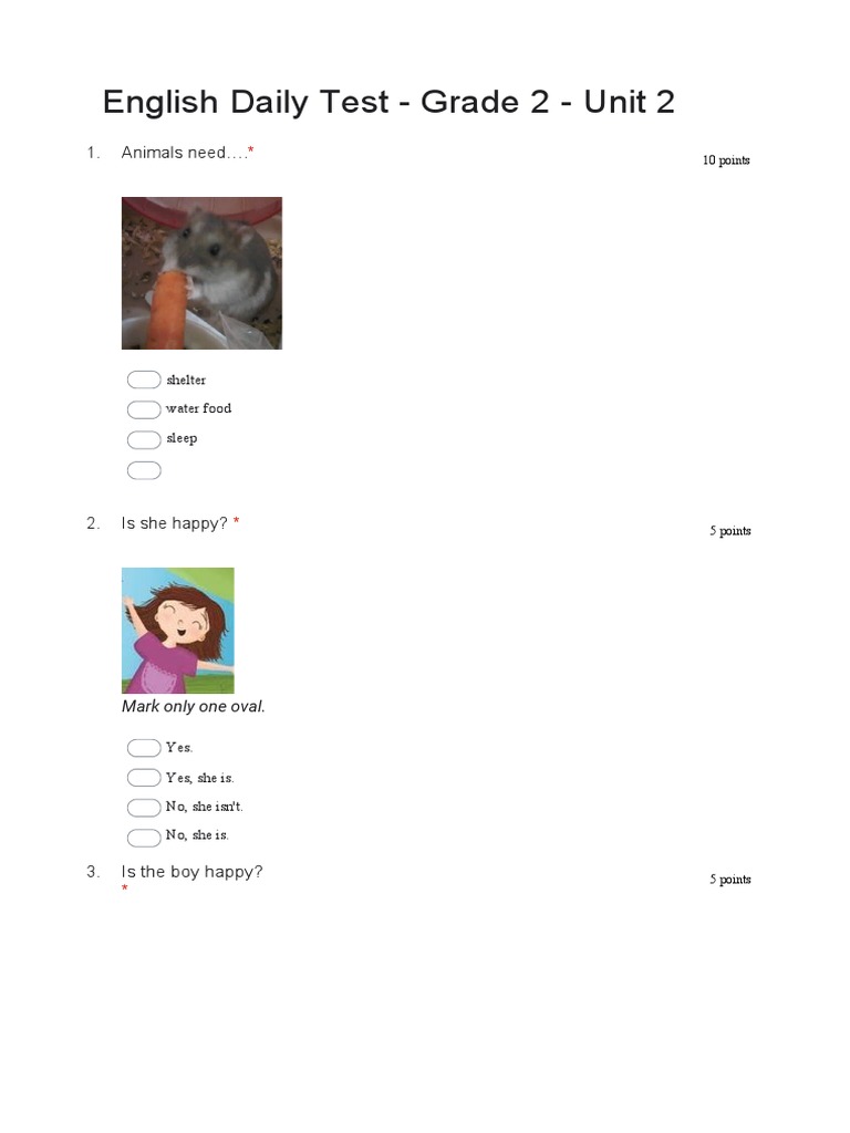 English Daily Test Grade 2 - Unit 2 - Google Forms-Dikonversi | PDF