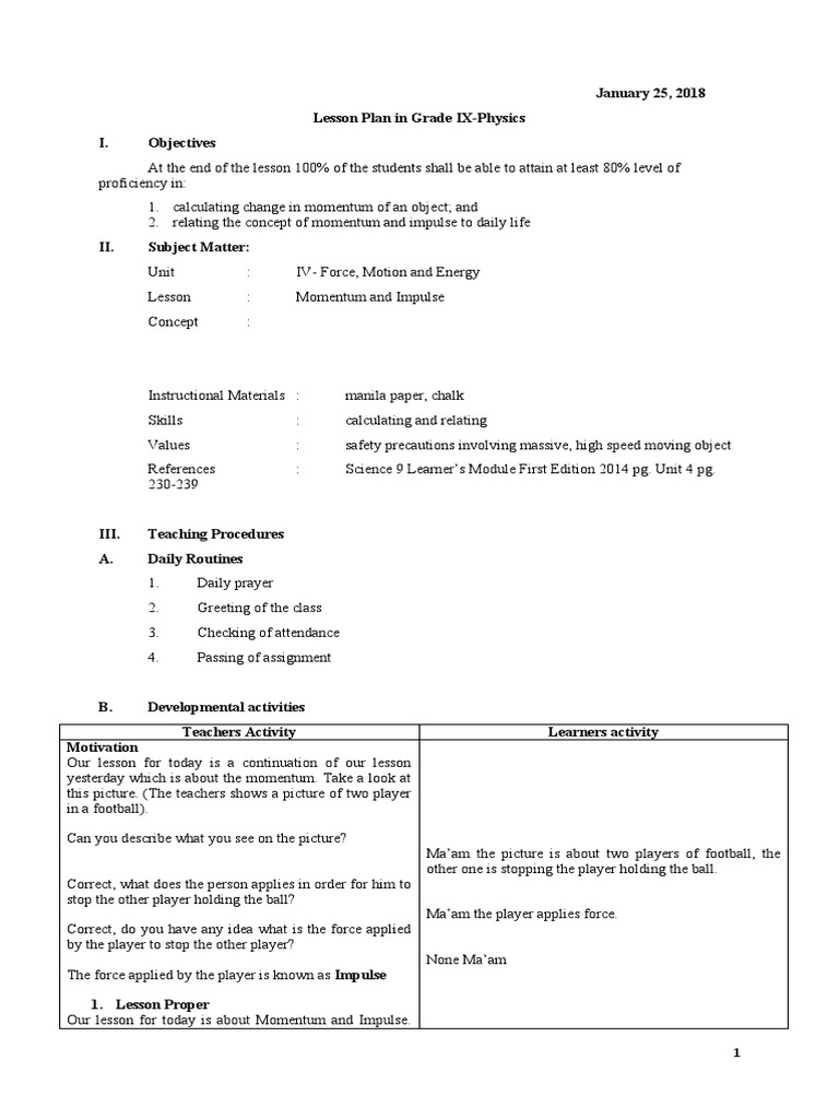 January 25, 2018 Lesson Plan in Grade IX-Physics I. Objectives | PDF ...