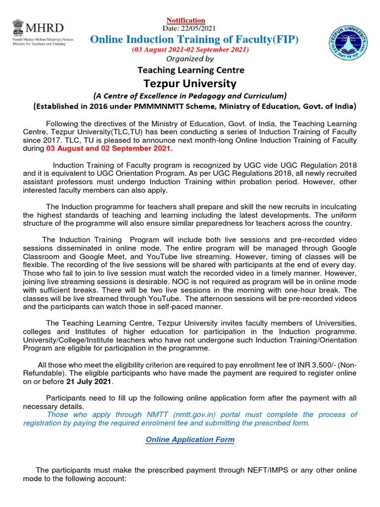 Tezpur University: Online Induction Training of Faculty (FIP ...