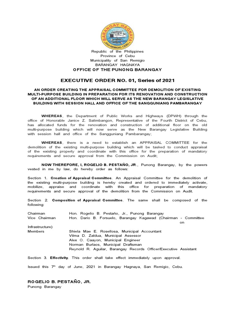 Executive Order For The Creation of Appraisal Committee | PDF ...