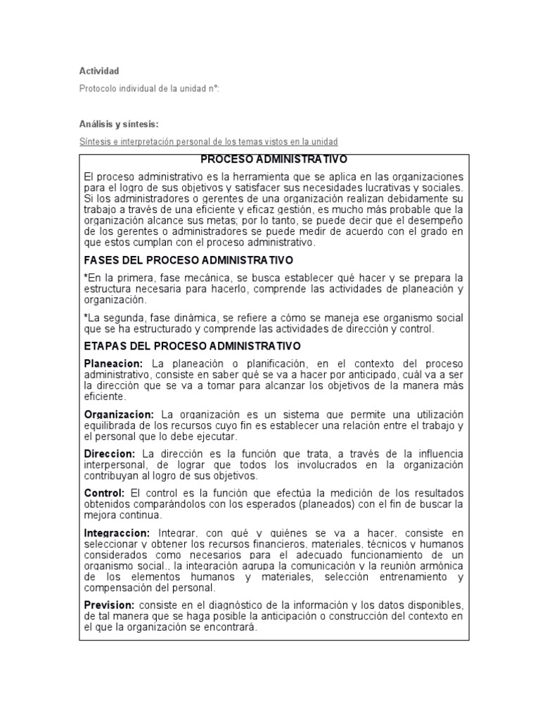 Protocolo Individual Unidad 3 Fdto Admon. | PDF | Planificación | Business