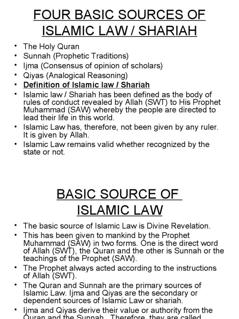 Four Basic Sources of Islamic Law / Shariah | PDF | Hadith | Prophets ...